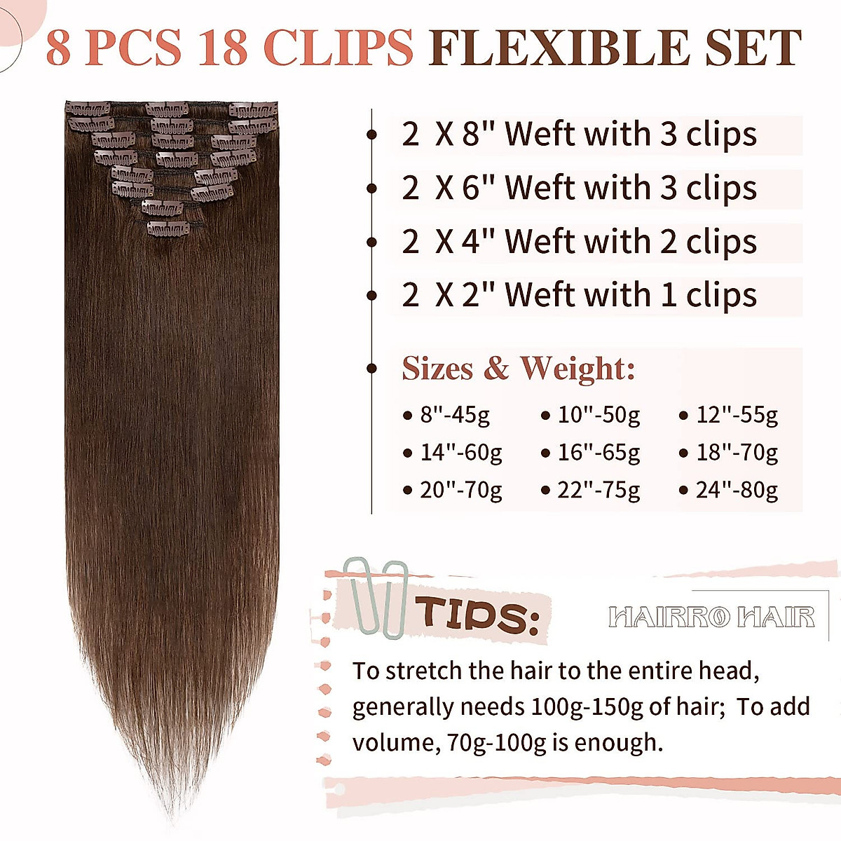 Hairro 100% Real Human Hair Clip in Extensions 8 Inch Short #4 Medium Brown 45g Thin 8 Pcs 18 Clips Straight Clip on Human Hairpieces for Women