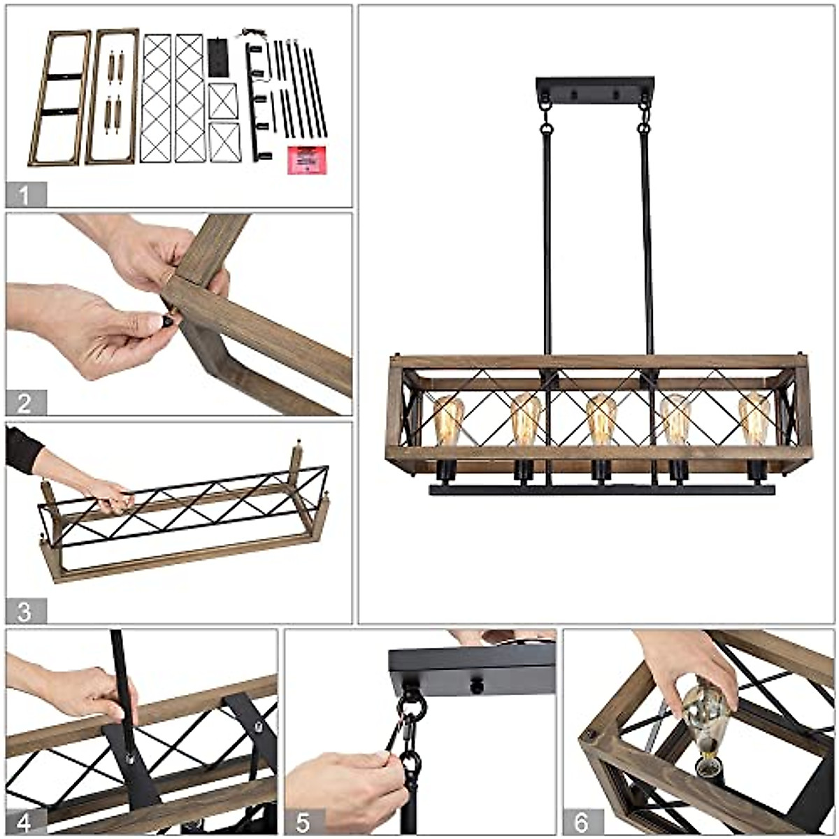 LALUZ Farmhouse Chandelier, 5-Light Chandeliers for Dining Room, 32" Rustic Wood Kitchen Island Lighting