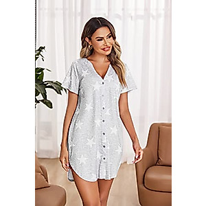 Ekouaer Short Sleeve Sleepwear Comfy Sleep Shirt Button Gown Dress Loose Fit Pajama Dress Nightwear