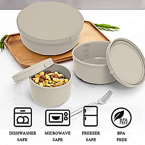 KVK Silicone Food Storage Bowl Large Lunch Container with Leakproof Strap(16.9oz, 25.4oz, 42.3oz) - Reusable for Bento Box, Food Leftover Storage, Meal Prep with Lid - Oven Freezer Safe - Light Grey