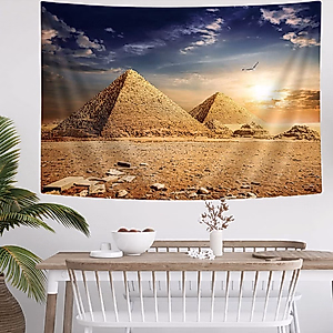 JAWO Egypt Travel Tapestry Wall Hanging, Egyptian Pyramids History in Desert and Flying Eagle Bird Nature Sunshine, Home Decor Tapestries Wall Blanket for Living Room Bedroom Dorm 80 X 60 Inches