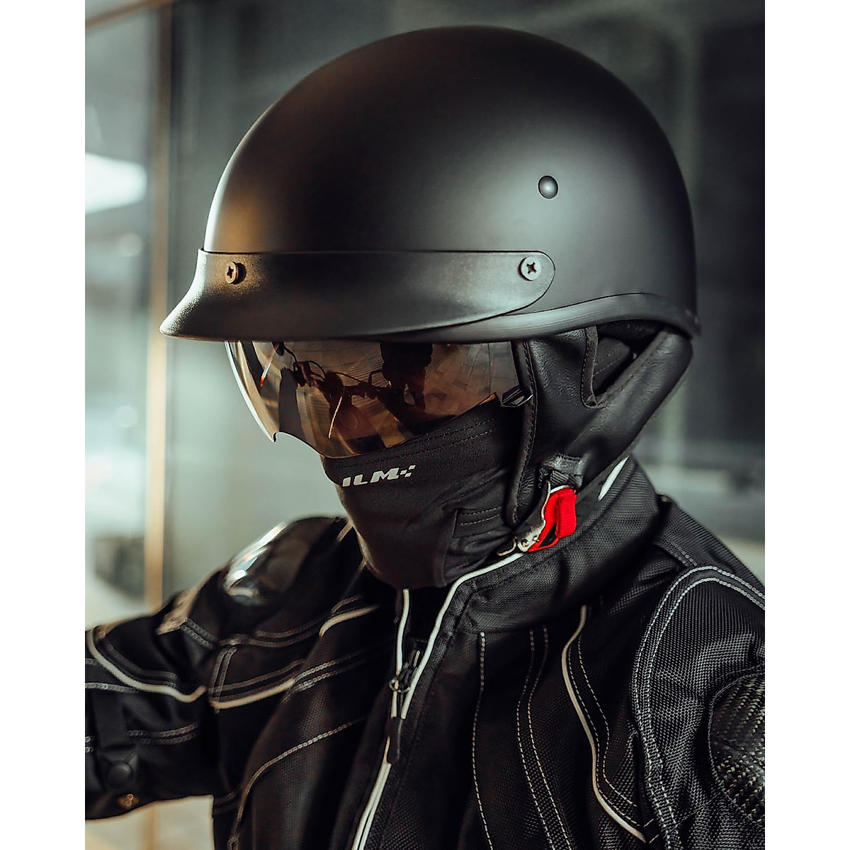 ILM Half Helmet Motorcycle Open Face Sun Visor Quick Release Buckle DOT Approved Cycling Motocross Suits Men Women Model-205V (L, Matt Black)