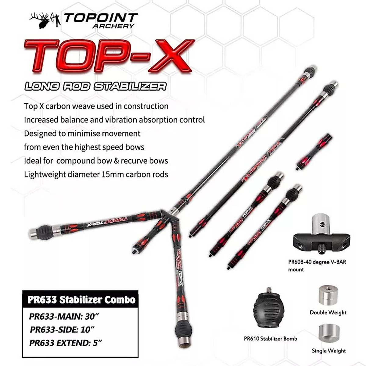 HNZMDY Archery Bow Stabilizer Set 30/10/5 inch Carbon Fiber Bow Stabilzer Shock Absorber Balance Bar Stabilizer System for Recurve Bow and Compound Bow Hunting Shooting (Silver/PR633)