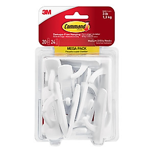 Command Medium Utility Hooks, Damage Free Hanging Wall Hooks with Adhesive Strips, No Tools Wall Hooks for Hanging Organizational Items in Living Spaces, 20 White Hooks and 24 Command Strips