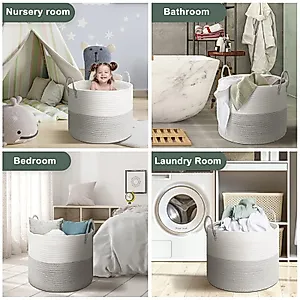 LOVSTORAGE 20.5"x 15" Large Rope Blanket Basket with Lid, Woven Storage Basket Baby Laundry Basket Hamper Decorative Nursery Toy Basket Bin with Handles for Living Room Bedroom-White&Brown, L