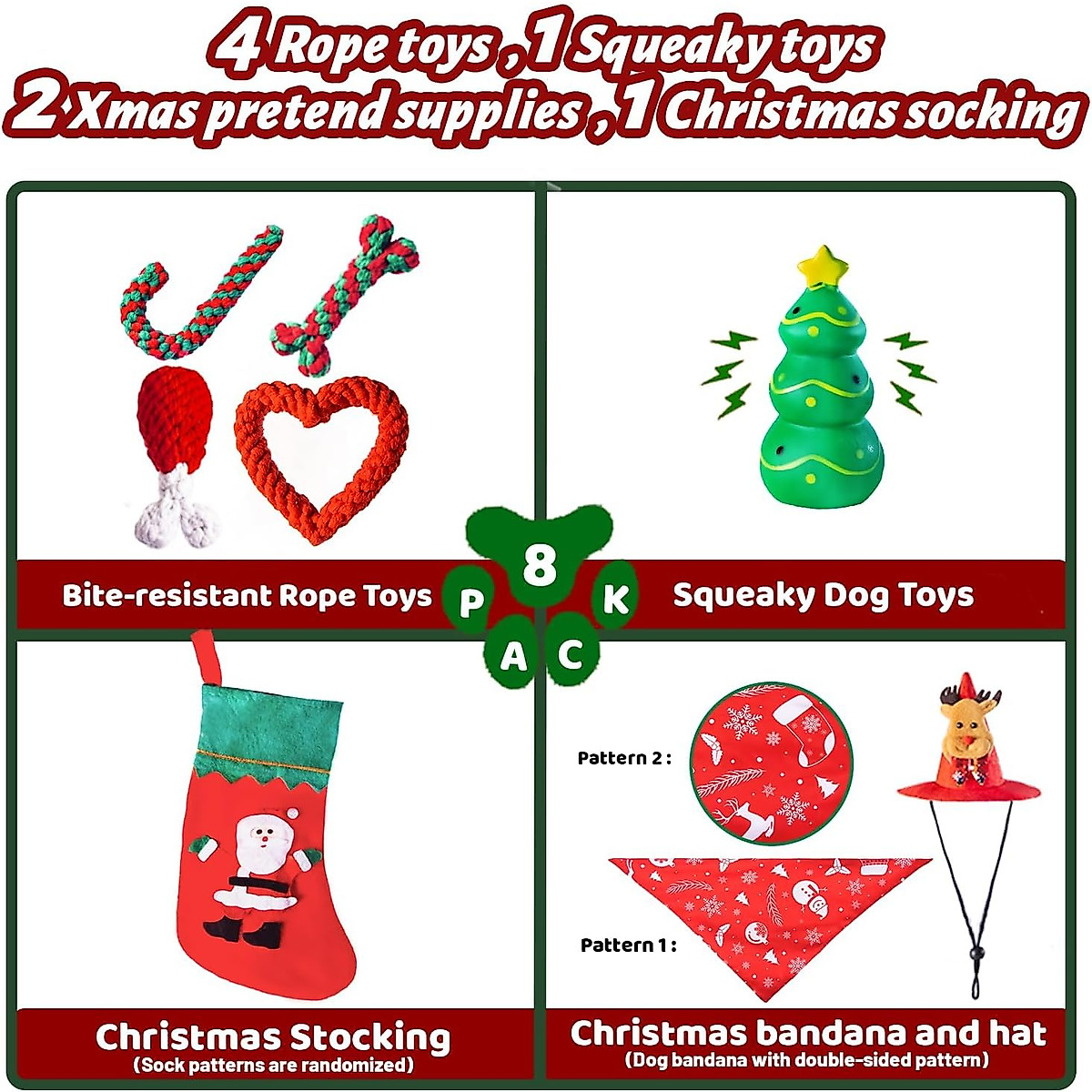 DARDOHIA Christmas Dog Toys for Small and Medium Dogs with Hat and Bandana Dog Christmas Stocking with Rope Toys and Squeaker Toys Christmas Puppy Chew Toys for Teething Bulk, 8 Pack