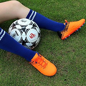 Hawkwell Boys Girls Outdoor Firm Ground Soccer Shoes, Orange PU, 1 M US
