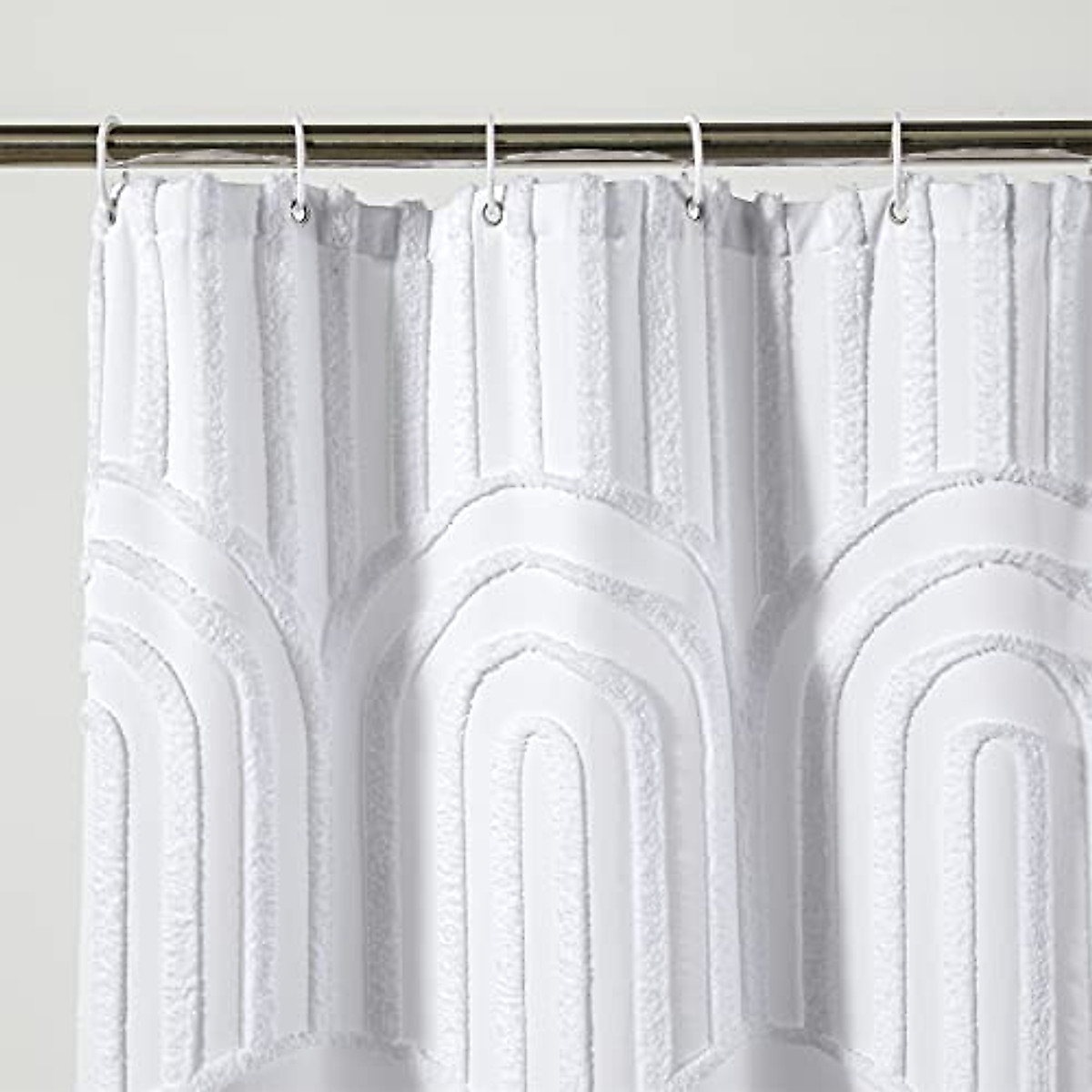 Estmy Boho White Tufted Shower Curtain Sets with Hooks, Simple Modern Chic Cute Rainbow Shape Chenille Stripe Cotton Fabric Shower Curtain Bathroom Decor, Heavy Duty/Water Repellent/Washable