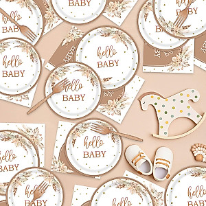 96pcs Boho Baby Shower Party Plates and Napkins Tableware Set for 24 Guests Bohemian Pampas Grass Floral Rainbow Arch Party Dinnerware Supplies Favors Decorations for Hello Baby Events