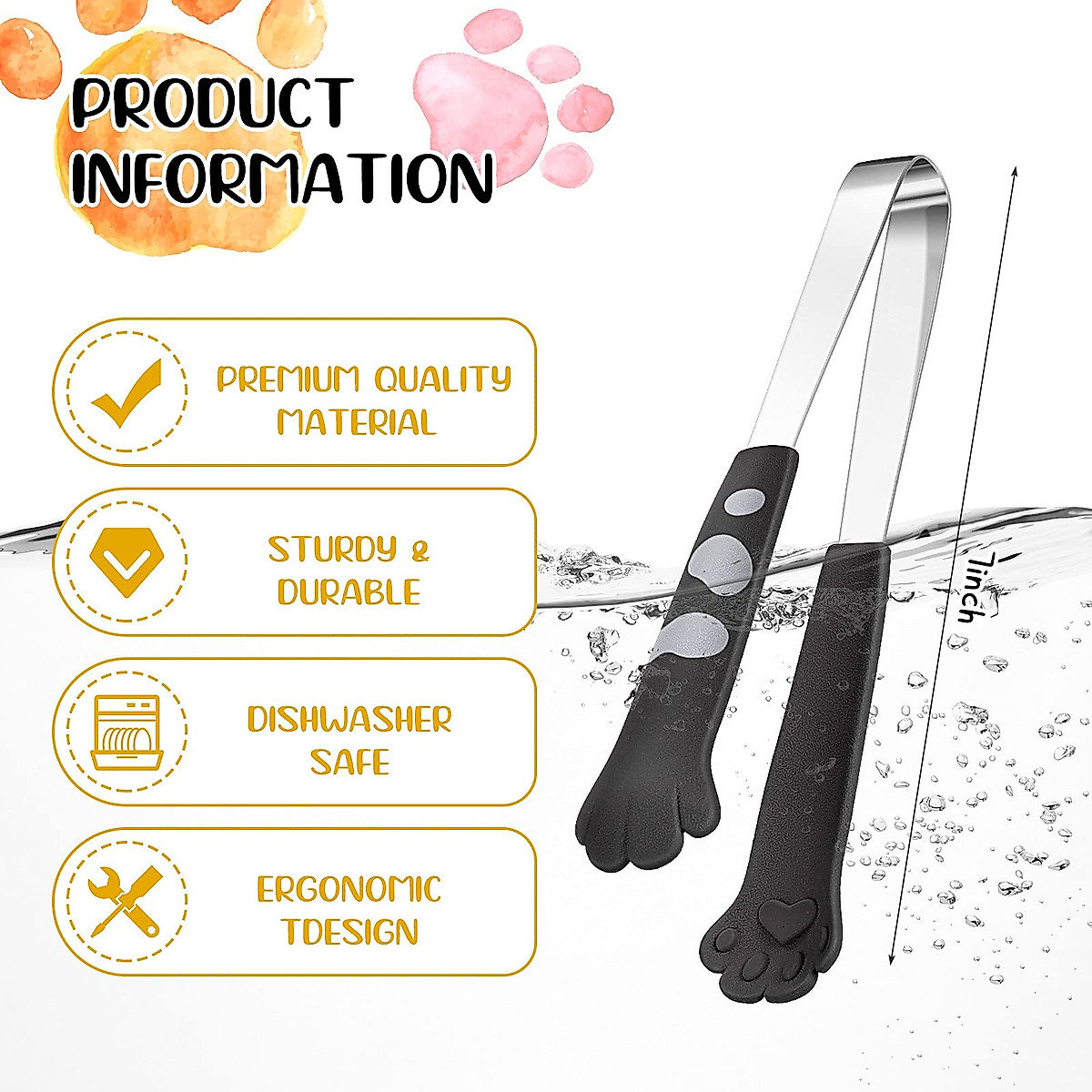 2 Pieces Cat Paw Tongs 7 Inch Cat Kitchen Accessories Stainless Steel Tiny Cooking Tongs for Appetizers BBQ Serving Grilling Sugar Cube (Black)