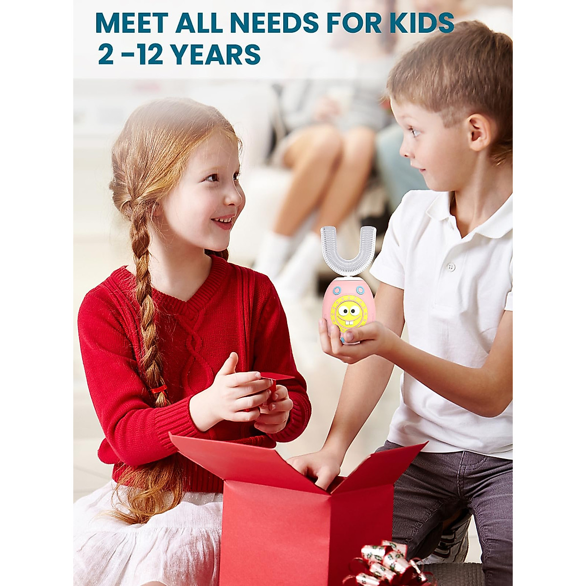 FTOYIN Kids U Shaped Electric Toothbrush, Kids Electric Toothbrushes with 5 Modes, Sonic Toothbrush Kids IPX7 Waterpoof with 3 Brush Heads, 360° Automatic Toothbrush Kids for Age 2-12