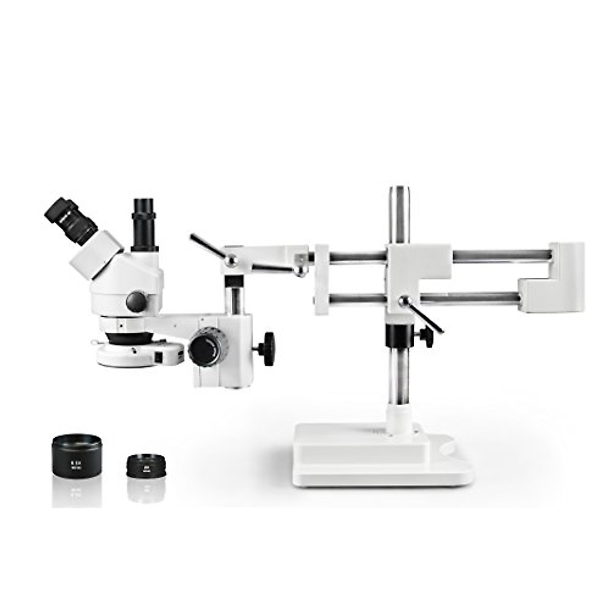 Parco Scientific PA-5FLZ-IFR07 Trinocular Lockable Zoom Stereo Microscope | 10x WF Eyepiece, 0.7X—4.5X Zoom, 3.5X—90x Magnification, 0.5X & 2X Aux Lens | Double Arm Boom Stand | 144-LED Ring Light