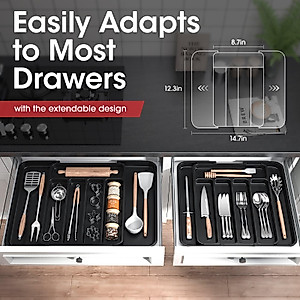 AUJEN Silverware Organizer - Expandable Kitchen Drawer Organizer, Adjustable Utensil Organizer, Cutlery Drawer Organizer for Forks, Knives, Multipurpose Kitchen Organizers and Storage Solution, Black