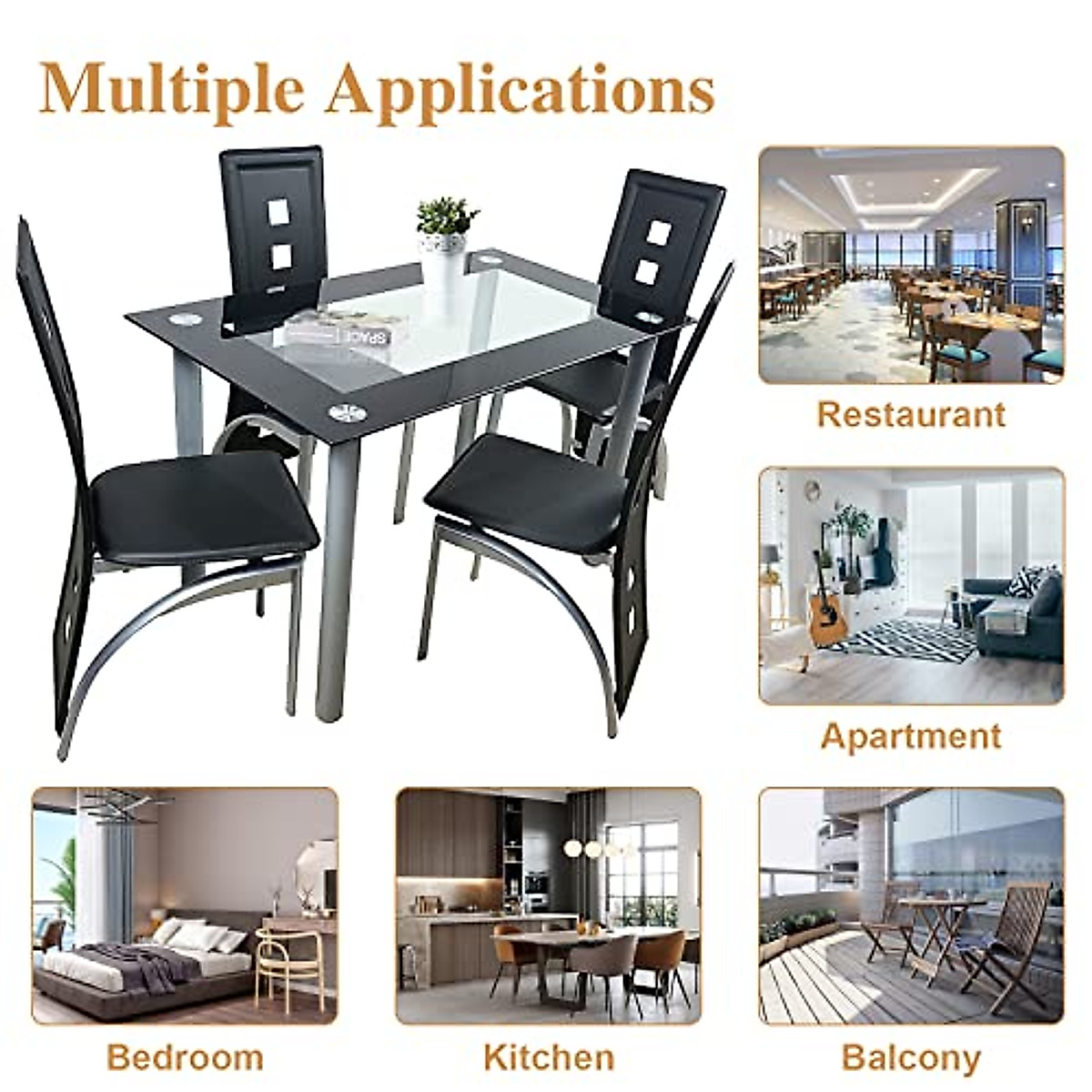 HomVent Dining Table Set for 4, Small Tempered Glass Dining Room Table Set, Kitchen Table and Chairs for Small Spaces, Transparent,White Modern 110cm, Stainless Steel PU Leather (Transparent & Black)