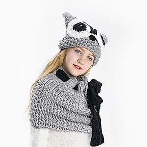 2 Pieces Kids Winter Warm Knitted Hats and Scarf Set Cute Owl Knit Beanie Hat with Scarf for Boys Girls 3-9 Year (Gray)