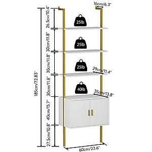 Yusong 73" Tall Bookshelf with Cabinet, Industrial Ladder Wall Mount Shelf Bookcase with Wood and Metal Frame, Plant Shelf Wall Storage Display for Living Room Bedroom, White Gold
