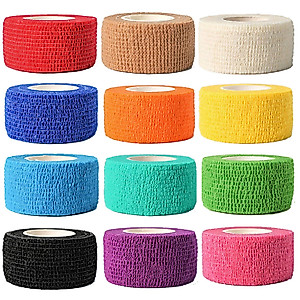 (12-Pack) 1” x 5 Yards | Self Adhesive Bandage Wrap, Kuvvfe Athletic Elastic Cohesive Bandage for Sports Injury,Strain,Knee & Wrist,Ankle Sprains & Swelling First Aid