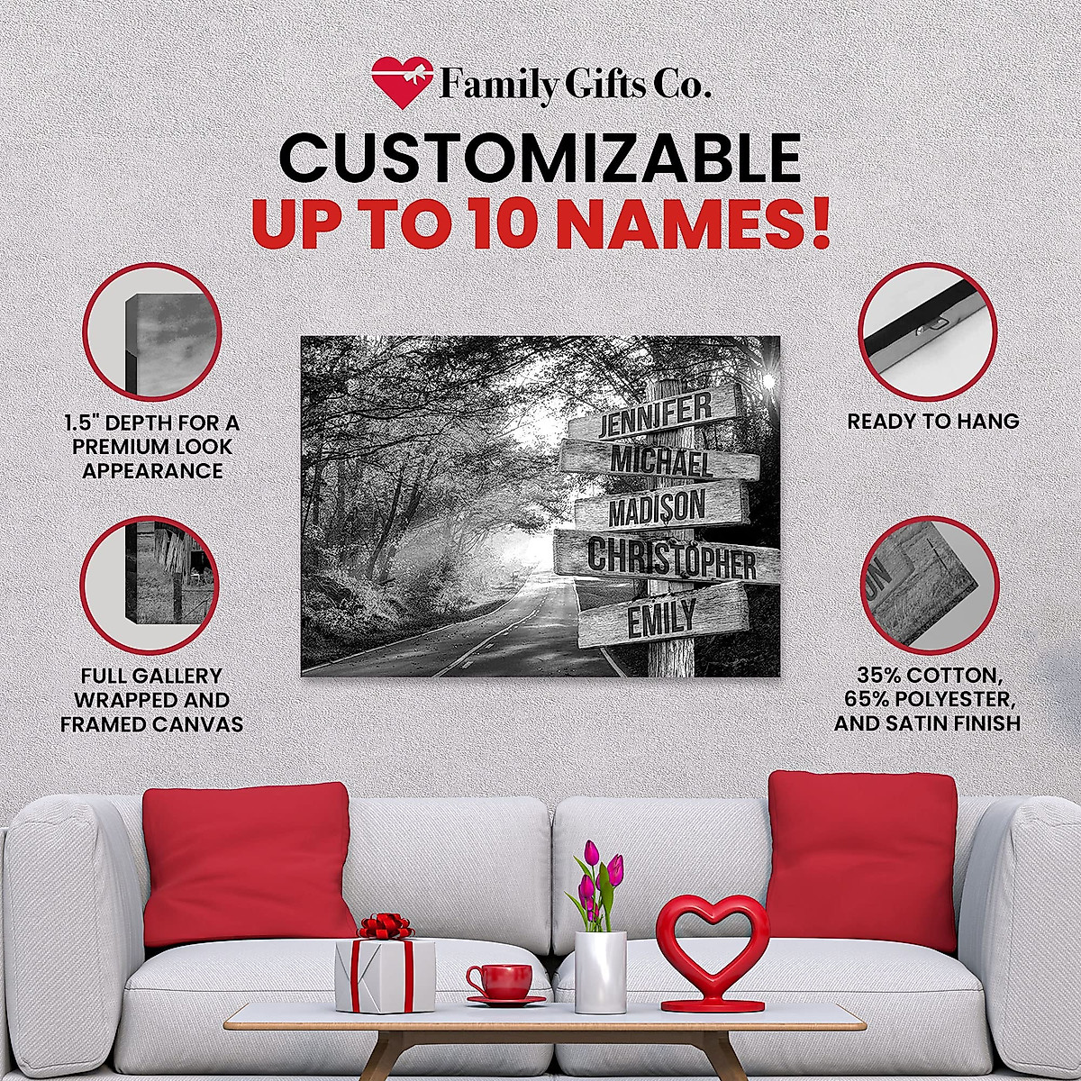 FAMILY GIFTS CO. Autumn Road Multi Names Premium Canvas, Crossroads Personalized Wall Art, Custom Canvas Picture, Customized Gifts, Black and White (24x16in)