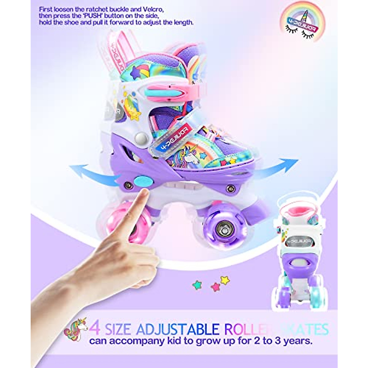 Rainbow Unicorn Kids Roller Skates for Girls Boys Toddler Ages 6-12,4-Pejiijar Adjustable Roller Shoes with Luminous Wheels for Birthday Xmas Gifts.