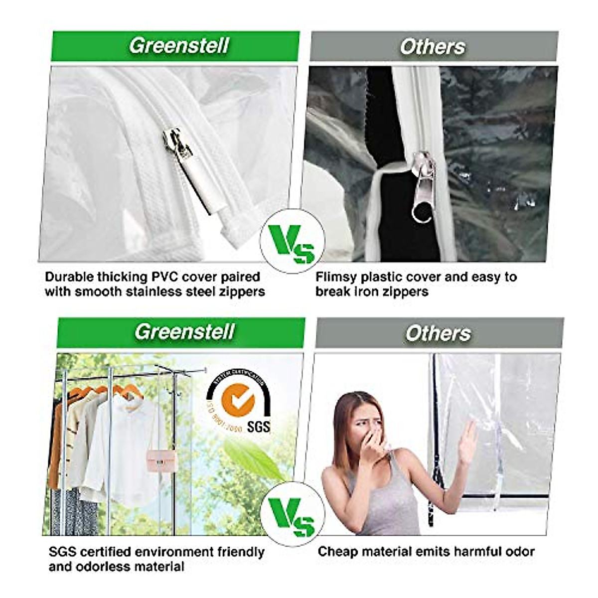 GREENSTELL Heavy Duty 2 Shelf Rolling Clothes Rack Industrial Pipe Style Garment Rack + Garment Rack with PVC Cover on Wheels, Strong and Durable, Used for Indoor/Outdoor, Living Room, Bathroom