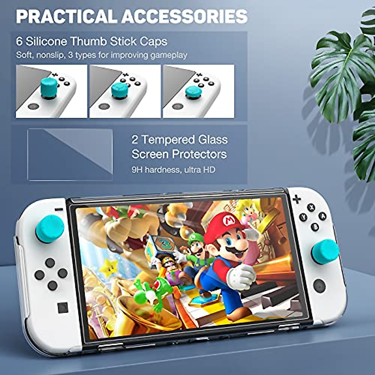 MoKo Case Compatible with Nintendo Switch OLED Model 2021, PC Protective Accessories Cover Case with 6 Game Card Slots and 6 Thumb Caps & 2 Tempered Glass Screen Protectors, Clear+Blue