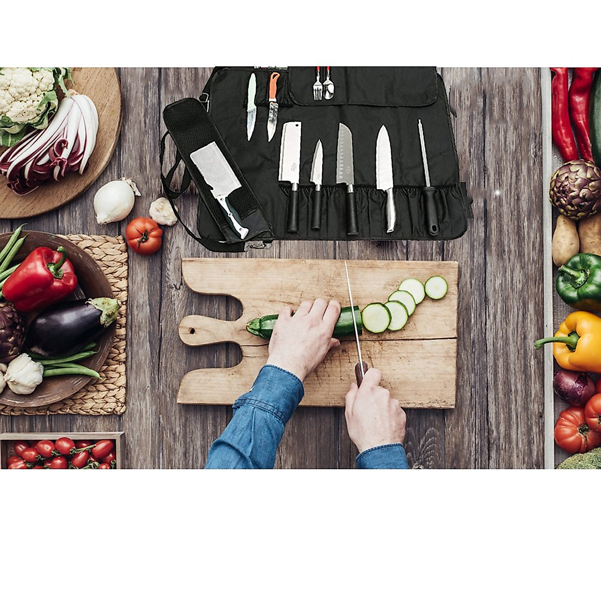 HERSENT Knife Roll, Chef Knife Roll Bag With 17 Slots Can Holds13 Knives,1 Meat Cleaver, And 3 Utensil Pockets,Durable Knife Case With Handle, Shoulder Strap & Zippered Mesh Pocket Holder