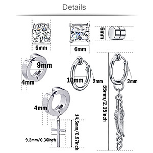 Ofeiyaa 7 Pairs Magnetic Stud Earring Stainless Steel CZ Clip On Earring Non- Piercing Huggie Chain Pendant Earring Feather Hinged Hoop Earrings Set For Women Men Silver Tone.