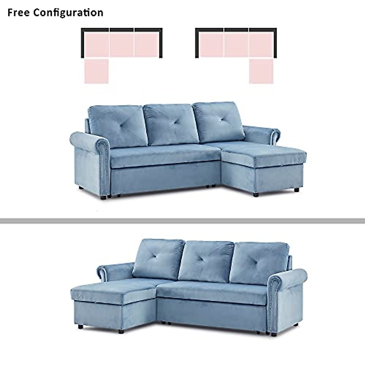 RAOKUKH 83" Convertible Sleeper Sofa Bed, 3-Seater L-Shape Sectional Couch with Storage Chaise for Living Room Apartment,Blue