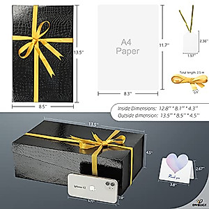 Dwbligt Elegant Black Gift Boxes 2 Pack 13.5x8.5x4.5 Inch, Crocodile Leather Paper Gift Box for Bridesmaid Proposal Box, Groomsmen Proposal Box, Birthday Party Box, Christmas Box(3 Powerful Magnet for Each Box) - Extra 2 Ribbons, 2 Tags, 2 Cards