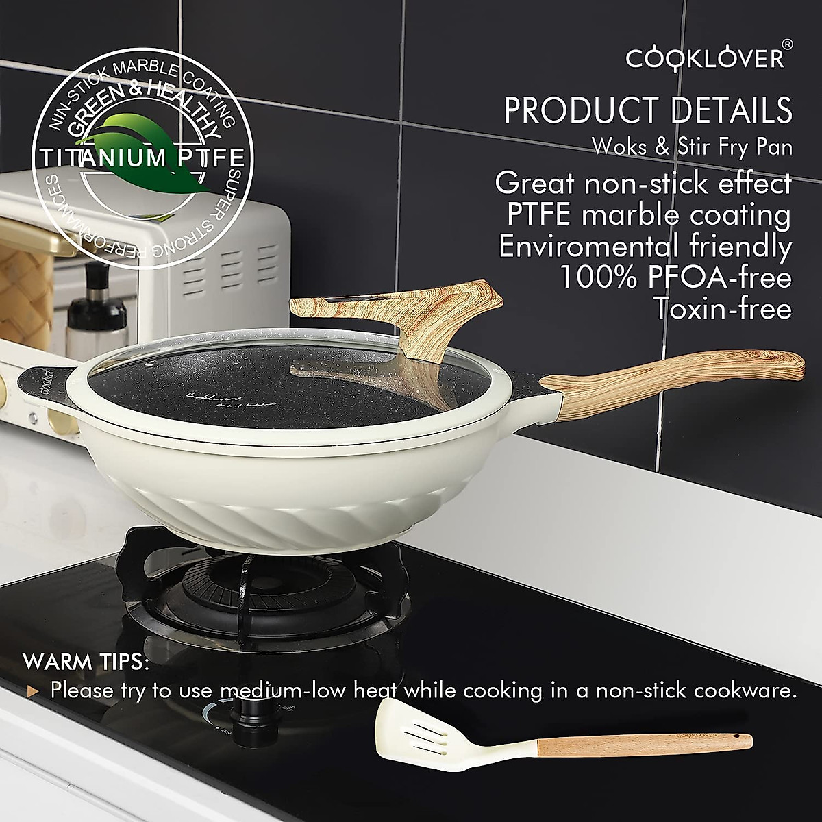 COOKLOVER Nonstick Induction Wok-12.6inch& 9.5 inch Nonstick Stir Fry Pan with Lid – White