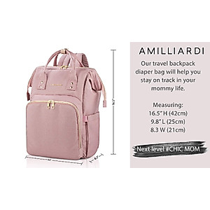 AMILLIARDI Diaper Bag Backpack - 6 INSULATED Bottle Holders - Detachable Stroller Straps (Light Pink)