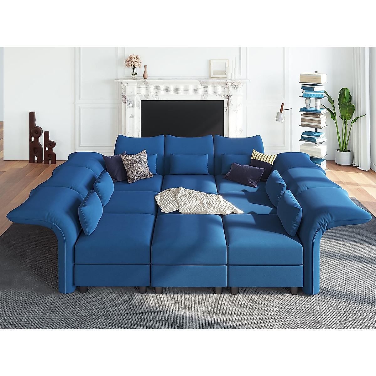 LLappuil Oversized Sleeper Sectional Sofa Couch, 102.2" 9-Seater Bed Shaped Modular Sectional Sofa with Storage Chaise, High Back Recliner Velvet Couches, Anti-Scratch Blue