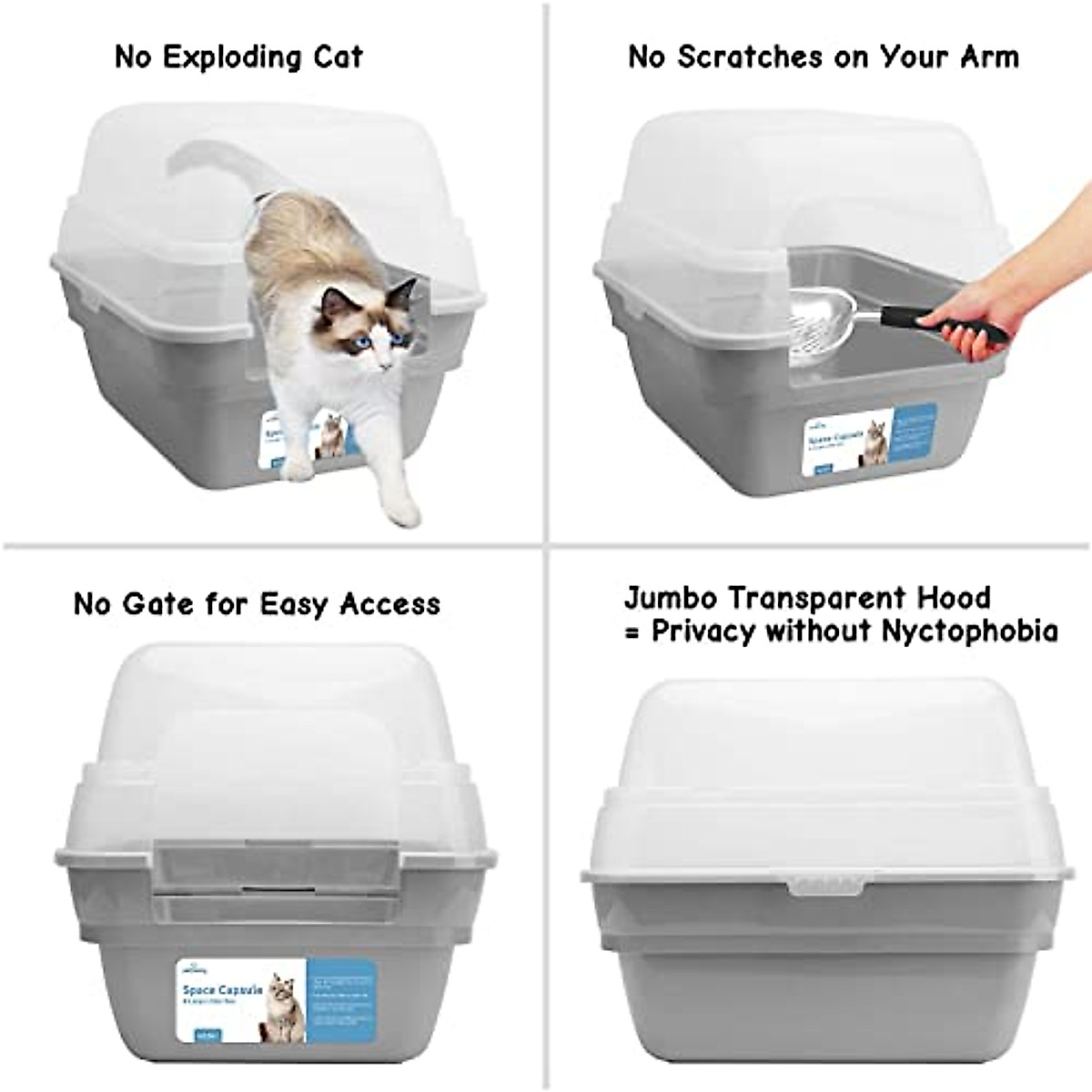 Petfamily Cat Litter Box, Large Foldable Jumbo Hooded with Transparent Lid,Grey