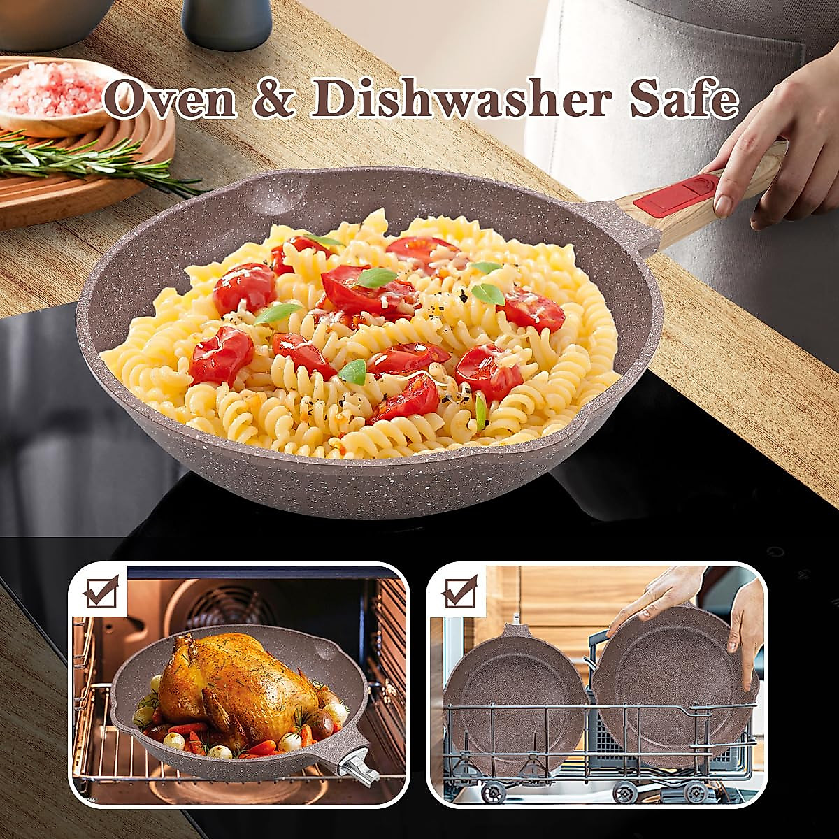 AIKENBBKK Nonstick Ceramic Deep Frying Pan, 10 Inch Healthy Frying Pan Skillet with Removable Handle, Oven& Dishwasher Safe, PFAS PFOA & PTFE Free (Brown)