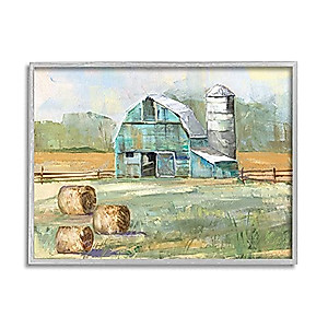 Stupell Industries Contemporary Blue Farm Barn Hay Bails Empty Field, Designed by Sally Swatland Gray Framed Wall Art, 20 x 16, Green