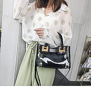 Cooba 2Pcs Women Clear Jelly Tote Beach Crossbody Transparent Messenger Shoulder Bag Handbag, Black, One_Size