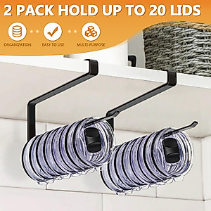 Tumbler Lid Organizer 2 Pack Tumbler Lid Storage Hook Up to 20 Lids, Space Saving Cup Lid Holders Under Cabinet Tumbler Lid Hanger for Kitchen Storage, Horizontal Paper Towel Hanger (Black)