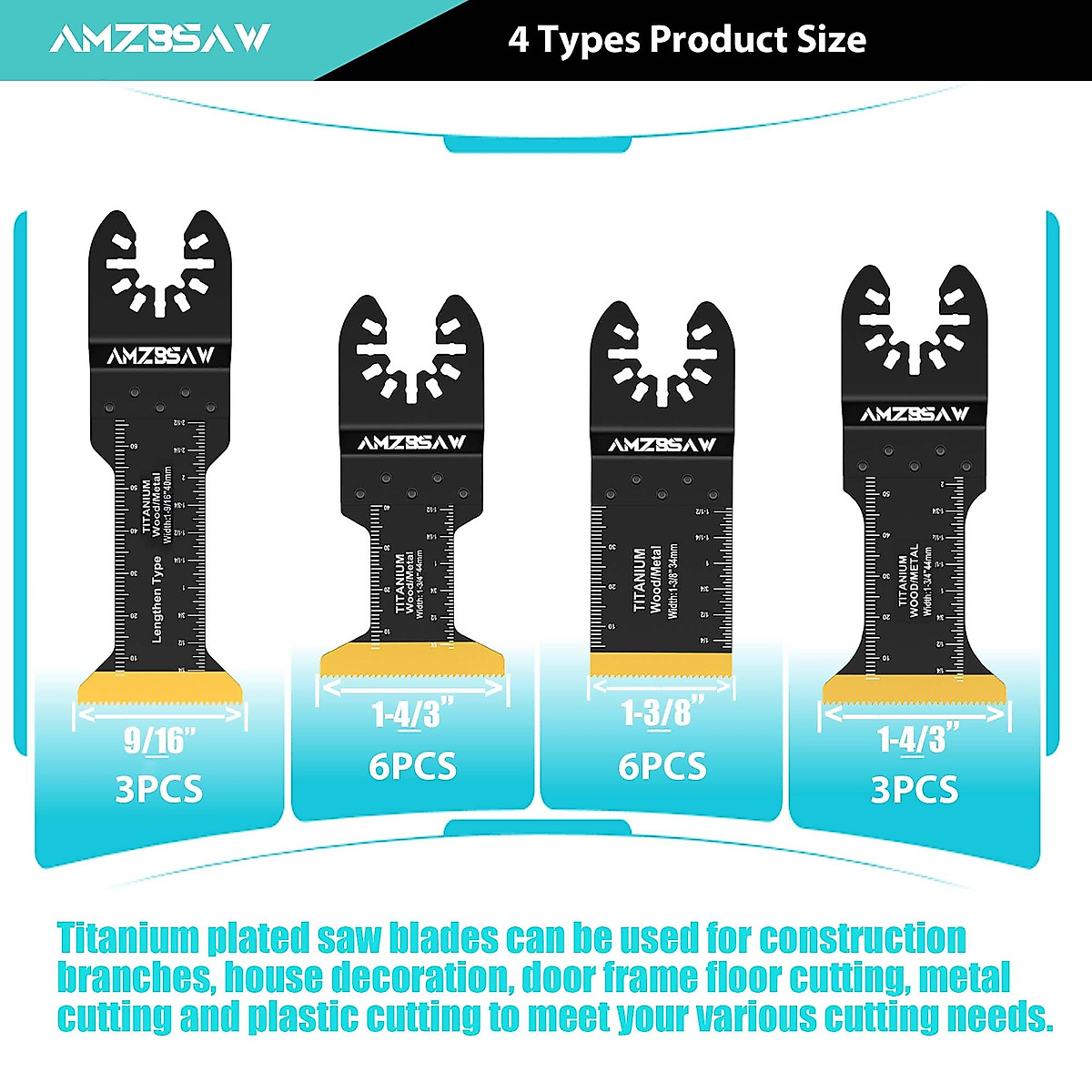 AMZBSAW 18 PCS Titanium Oscillating Tool Blade Metal Cutting, 4 Types Professional Oscillating Saw Blades for Metal Nails and Wood Plastic, Multi Tool Blades Kits Fit Bosch Dewalt Ryobi Milwaukee