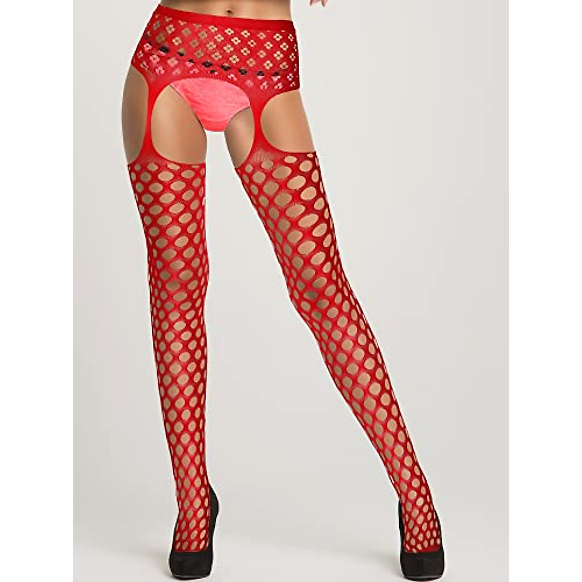 6 Pairs Women Fishnet Thigh High Stockings Garter Belts and Suspender Pantyhose Stockings for Halloween (Classic, Black, White, Rose Red, Purple, Red, Dark Blue, Medium-Large)