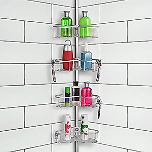 Utopia Alley Flat Shelf Rustproof Shower Caddy, Satin Chrome, Corner Pole Caddy