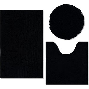 Bathroom Rugs Sets of 3 Piece Ultra Soft Chenille Bath Mat, Non-Slip and Super Absorbent Bathroom Rug, Strong PVC Underside, Machine Washable Bath Carpet for Bathroom, Carbon Black