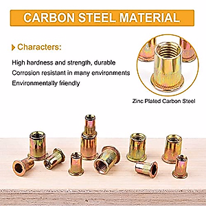 VIGRUE 150pcs #8-32#10-24 1/4"-20 5/16"-18 3/8"-16 Carbon Steel UNC Rivet Nuts Assortment Kit, Yellow Zinc Plated Finish, Flat Head Threaded Insert Nut Assort