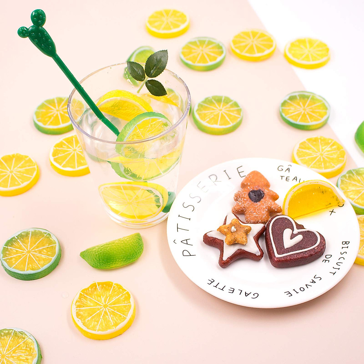 SNAIL GARDEN 30Pcs Artificial Lemon Slices Blocks, 20Pcs Simulation Lemon Slice+10Pcs Fake Lemon Block-Double Side Decorative Fake Fruit Model for Lemon Party Decor Vase Filler Tumbler Topper DIY