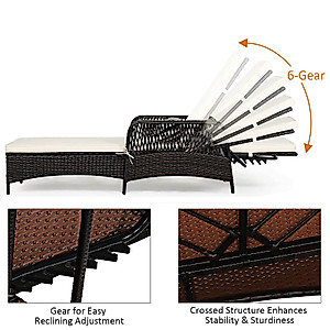 HPW Patio Outdoor PE Rattan Chaise Lounge Chair Lounger Recliner Sunbathing Bed Thick Padded Cushion Lumbar Pillow 6 Adjustable Backrest Position Perfect for Poolside Backyard Deck Beach Balcony Use