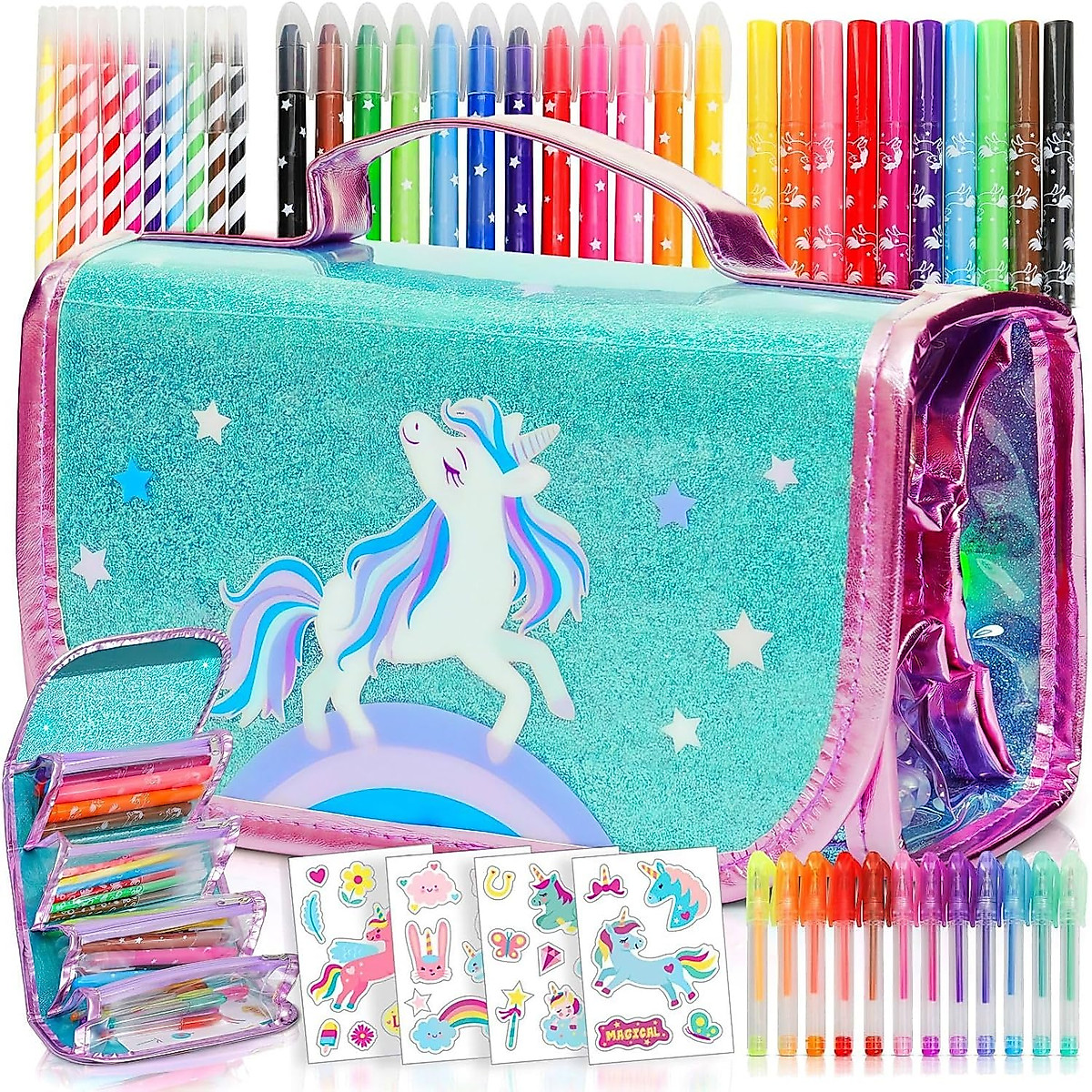 Amitié Lane Unicorn Stationery Set - Scented Markers Set + Erasable Doodle Book Set - Easy DIY Kids Arts and Crafts Kits - Girls Toys and Birthday Gifts for Kids Age 4-12