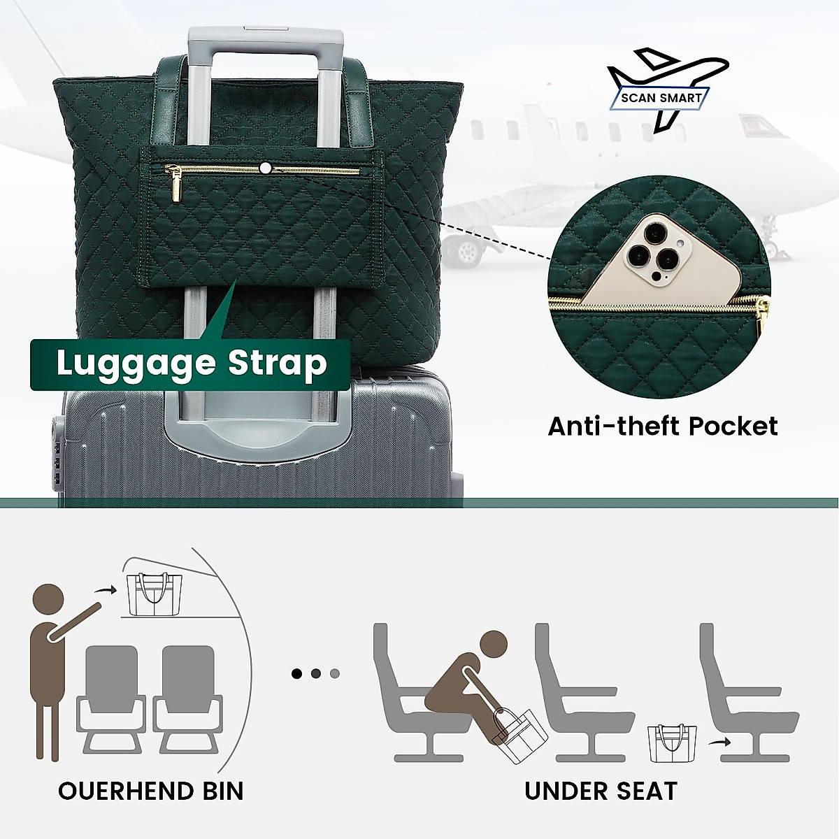 LOVEVOOK Women's 15.6 inch Diamond Quilted Work Tote Bags, Stylish Travel Tote Bag Laptop Purse Briefcase Handbag with Clutch Purse, Dark Green