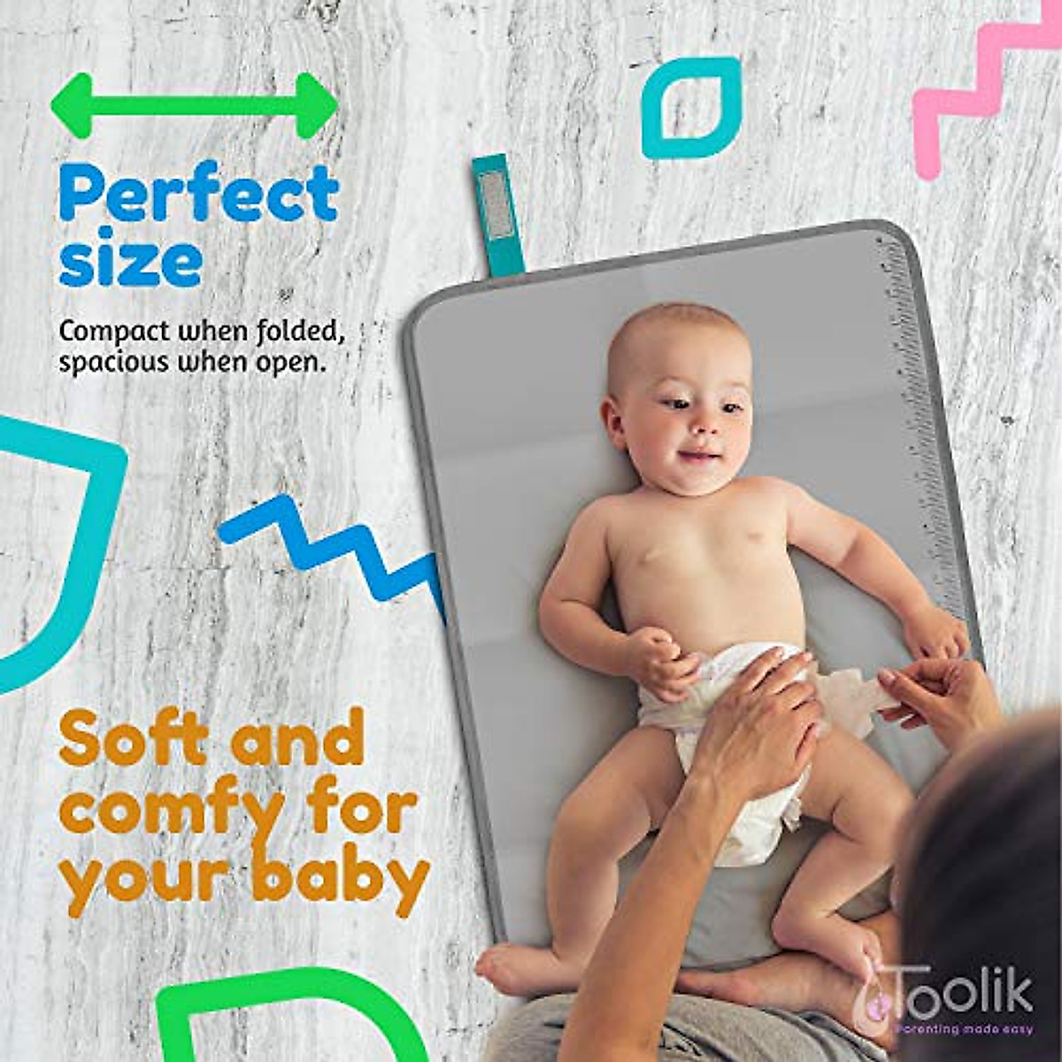 Toolik Baby Diaper Changing Pad, Extra Large (27.5 x 19.7 inch) Waterproof Mat for Stroller Walks or Diaper Bag, Fits Newborn and Toddler for Quick Change on The go (Grey, Solid)