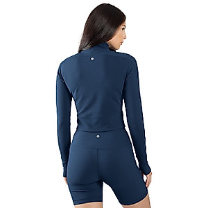 90 Degree By Reflex Womens Interlink Ribbed Half Zip Long Sleeve Crop Top Jacket - Dark Navy - Medium