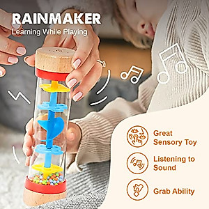 Tiny Land Montessori Toys for Babies 6-12 Months-4 in 1 Wooden Learning Educational Toy Set Includes Teething Toy, Rainmaker Baby Toy, Flash Card and Object Permanence Box-Gift for 1 Year Old Infant
