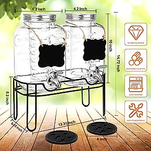 Drink Dispenser (2 Pack) With Metal Stand,Drink Dispensers for Parties,1 Gallon Beverage Dispenser with Stainless Steel Spigot & Lid,Come with Ice Cylinder,Fruit Tube and 2 Rubber Mats